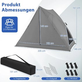 Costway Vyskakovací stan pro 2-3 osoby 360° jednostranný průhledný, šedá