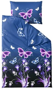 Sada mikroplyšového povlečení VIOLET BUTTERFLY tmavě modré + prostěradlo mikroplyš SOFT 180x200 cm bílé, dvoulůžko