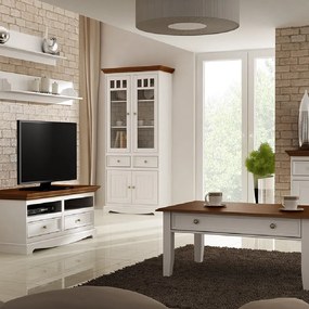 Massive home | Belluno Elegante malý bílý televizní stolek z masivu s ořechovou deskou