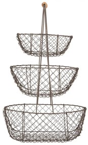Hnědý kovový patrový stojan se 3 košíky a držadlem - 30*22*50 cm