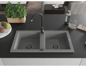 Mexen Mario, granitový dřez 820x436x161 mm, 2-komorový, šedá s černým sifonem, 6504822000-71-B