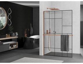 Mexen Kioto+ L, sprchová zástěna Walk-In s poličkou a věšákem 90 x 200 cm, 8mm čiré sklo černý vzor, ​​růžové zlato profil, 800-090-123-60-78