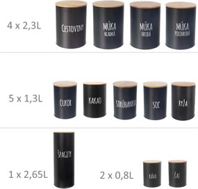 Orion Sada 12ks plechových dóz na potraviny, černé, slovenské názvy, s bambusovým víkem SADA SK