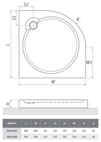 Čtvrtkruhová samonosná sprchová vanička DREAM-P 125 mm S 800 × 800 R550 DREAM-P - SANIPRO /800 80 cm 80 cm 8000099