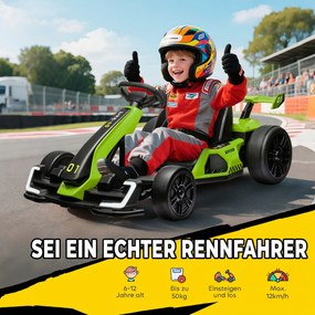 HOMCOM Elektrické Go-Kart pro Děti 6-12 Let 24V 6-12km/h s Nastavitelným Sedadlem, 2 Motory, Drift Go-Kart s Klaksonem, Světly a Hudbou, Zelené