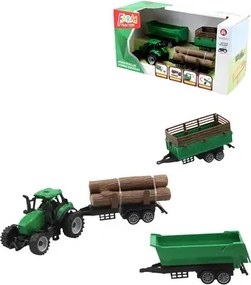 Traktor zelený se 3 přívěsy a kládami dřeva / Traktor / Herní set / Pl