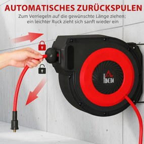 Hadicový naviják s výsuvným mechanismem, 16,5 m hadice, nástěnný, červený+černý