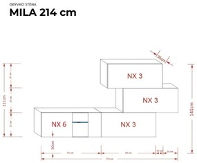 Ral Obývací stěna MILA, 214 cm Černý lesk