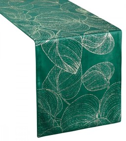 Sametový středový ubrus s lesklým potiskem zelených listů Šířka: 35 cm | Délka: 180 cm