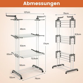Costway 3patrový skládací stojan na sušení – 127 × 63 × 171 cm, šedá