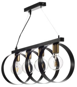 Light for home - Závěsné svítidlo na kovové liště pro čtyři žárovky s kruhovými stínítky - Kolekce "Industriální Elegance" 14604, 4x60W, E27, Černá