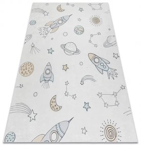 Dětský kusový koberec vhodný k praní BAMBINO 1278 Vesmír raketa hvězdy protiskluzový krémový Rozměr: 80x150 cm