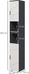 kleankin Sloupec na koupelnu s 2 otevřenými policemi a 2 nastavitelné skříňky na 2 úrovních, 30x30x183 cm, světle šedá a tmavě šedá