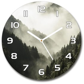 Wallmuralia Skleněné hodiny na stěnu Mlha nad lesem fi 30 cm