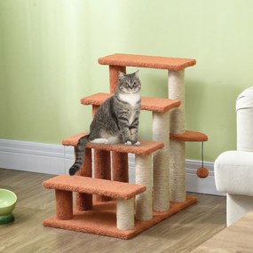 PawHut 4stupňové schody pro kočky se škrabadlem pro domácí mazlíčky do 5 kg, schody pro psy s míčkem na hraní, plyš, hnědá, 60 x 40 x 64 cm