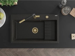 Mexen Omar granitový dřez 1-komorový 800 x 480 mm, černý/zlatý metalik, sifon zlatý - 6520801005-75-G