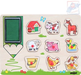 WOODY DŘEVO Razítka zvířátka puzzle vkládací s úchyty 9 dílků 2v1 91184