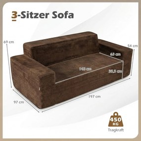 Costway Manšestrová 3-pohovka loveseat s vysokým opěradlem, širokými područkami