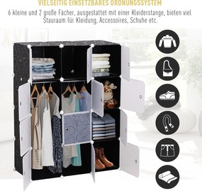 HOMCOM DIY Systém Šatníku se 2 Velkými a 9 Malými K cubes, Úložný prostor, Botník, Knihovna, Hračkový K cabinet Černá 111 x 47 x 145 cm