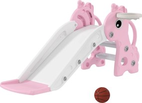 dětská skluzavka 3 v 1, tvar žirafy, basketbalový koš, míč, růžová barva