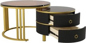 Aosom Set konferenčních stolků 70x70, moderní konferenční stolek se 2 zásuvkami, vysokolesklá skleněná deska, MDF, kovové nohy, obývací pokoj, černá