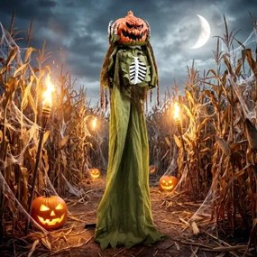 HOMCOM Animovaný vyskočivý dýňový kostlivec, 173 cm, strašidelná halloween dekorace se světlem a aktivací zvukem a dotekem