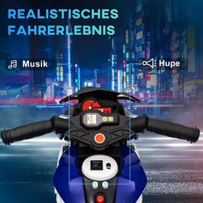 HOMCOM Dětská elektrická motorka se 3 koly pro děti od 3 let s 6V dobíjecí baterií, hudební klakson, světlomety 86x42x52 cm černá a modrá
