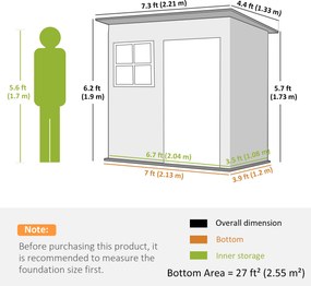 Zahradní Kůlna Outsunny 2,55m², Kůlna s Pultovou Střechou, 221 x 133 x 190/173 cm, Nářaďová Kůlna s Zamykatelnými Dveřmi, Okno, Garáž na Kolo, Ocelov…