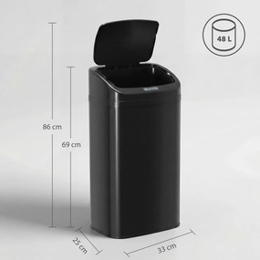 HOMCOM 48l senzorem řízený odpadkový koš pro kuchyň nebo kancelář, automatická uzavírací funkce, nerezová ocel, černý