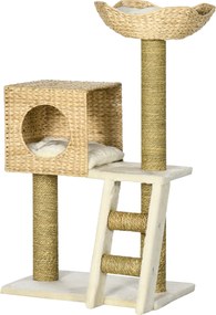 PawHut škrabadlo 100,5 cm s kočičí jeskyní, pelíškem, schody a sisalovými škrabadly, pro kočky do 4,5 kg, Přírodní