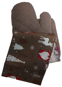 CHRISTMAS BROWN kuchyňský trojset - chňapka, rukavice, utěrka