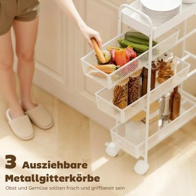 HOMCOM Kuchyňský vozík z kovu, 3 koše, úzký design, 4 kola, pro kuchyň, obývací pokoj, koupelnu, bílý
