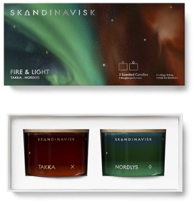 SKANDINAVISK Dárková sada mini svíček Fire and Light - 2 x 90 g, červená barva, zelená barva, sklo, dřevo