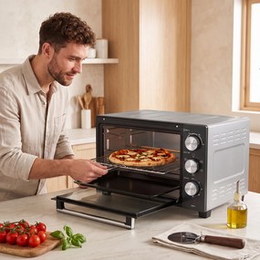 HOMCOM elektrická trouba 1500 W 28 L s regulovatelnou teplotou až do 230 °C, 60 min časovač, rošt, plech na pečení, rukojeť