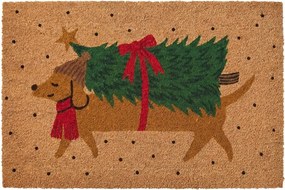 Hnědá kokosová rohožka s jezevčíkem a stromkem Christmas - 75*45*1 cm