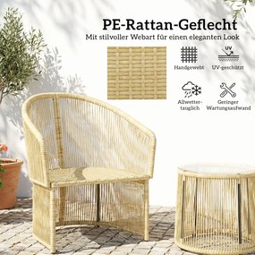 Ratanový bistro set, 3dílná sada zahradního nábytku s kulatým skleněným stolem, křesly a polštáři, krémově bílá barva