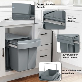 HOMCOM Vysunovací odpadkový koš, 2 x 20 L, vyjímatelné nádoby, plast, kov, šedá