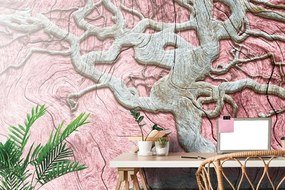 Tapeta abstraktní strom na dřevě s růžovým kontrastem - 150x100 cm