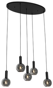 Art Deco závěsná lampa černá s kouřovým sklem oválná 5-světelná - Josje