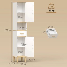 HOMCOM úzký sloupek do koupelny s nastavitelnými vloženými policemi, šuplík, otevřený prostor, 31,5x29,7x171,5 cm, bílá