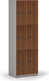 Dřevěná šatní skříňka S4 s úložnými boxy, 6 boxů, demont, mechanický kódový zámek, šedá/ořech