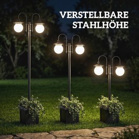 Outsunny Solární lucerna stojací lampa, výška nastavitelná 182 cm, venkovní zahradní lucerna se 2 hlavami, květináč, světelný senzor, vypínač, IP44