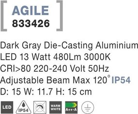 NV 833426 Venkovní nástěnné svítidlo AGILE tmavě šedý hliník LED 13W 3000K 220-240V nastavitelný úhel max 120st. IP54 - NOVA LUCE