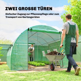 Skleník cca 4 x 3 x 2 m Fóliový skleník s rolovací tyčí 2 dveře na zip a 8 oken se síťkou Podpěrné tyče Zelená barva