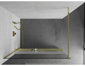 Mexen Kioto+, sprchová zástěna s poličkou a držákem na ručníky 110 x 200 cm, 8mm čiré sklo vzor námraza, zlatý profil, 800-110-121-50-35