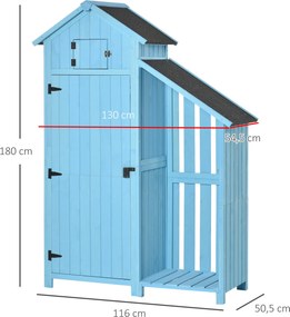Outsunny zahradní kůlna na nářadí s úložným prostorem na palivové dřevo 3 police asfaltová střecha jedlové dřevo nebesky modrá 130x54,5x180cm pro zah…