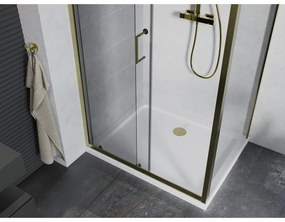 Mexen Apia rozsouvací sprchový kout 90 x 100 cm, Průhledné, Zlatá + sprchová vanička Flat, Bílá- 840-090-100-50-00-4010G