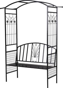 Zahradní oblouk Outsunny s lavičkou, kovový treláž na popínavé rostliny, černý, 154 x 60 x 205 cm | Aosom