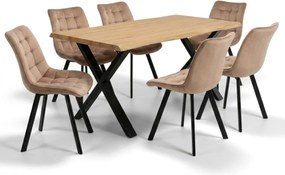 Vikio Jídelní set pro 6 osob 160x90 cm dub noha X béžová židle VJS236-6BE-S