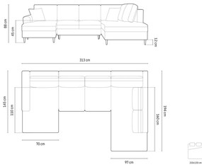 Světle modrá sametová rozkládací/s úložným prostorem rohová pohovka (pravý roh/do "U") Kyoto – Cosmopolitan Design
